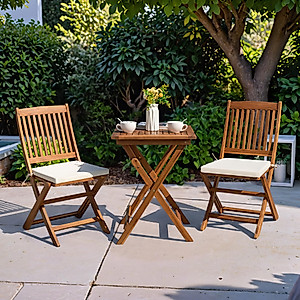 Greesum 3 Piece Patio Folding Furniture Bistro Set with 2 cushions for Pool Beach Backyard Balcony Porch Deck Garden, Acacia Wood