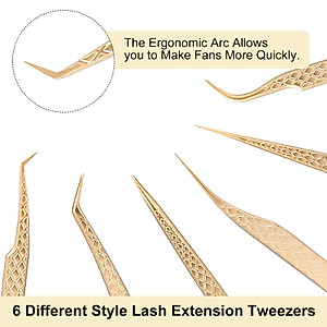 FEITA Eyelash Extension Tweezer Set Gold Lash Applicator Tool - Precision Lashes Diamond Grip Tweezers for 2D-6D Volume & Individual Eyelashes Extensions Supplies (6Pcs)