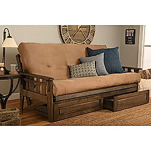 HomeStock Rococo Romance Futon Frame-Rustic Walnut Finish-Suede Peat Mattress-Storage Drawers