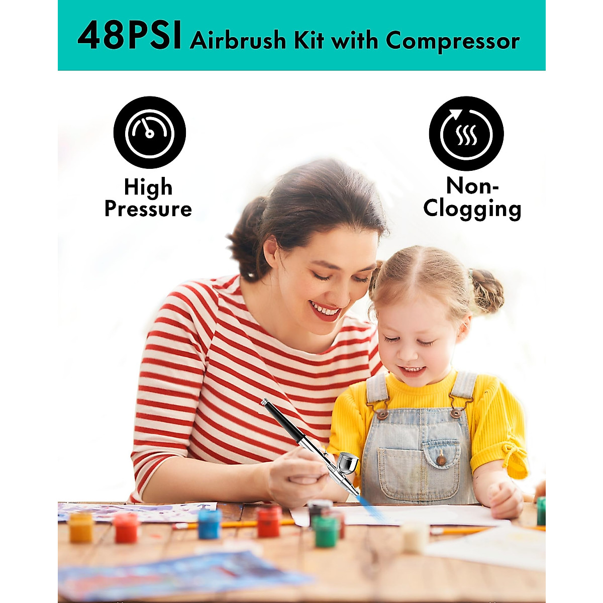 Gocheer Airbrush Kit with Air Compressor, 48 PSI High Pressure Air Brush Non-Clogging with 0.2/0.3/0.5mm Nozzle/Cleaning Sets, Ideal for Painting, Modeling, Cake Decor, Pastry, Makeup, Nail Art Black.