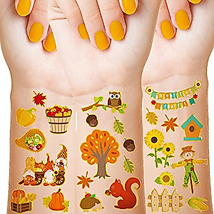 288 Pieces 48 Styles Fall Temporary Tattoos for Kids Autumn Temporary Tattoos Stickers Pumpkin Leaves Scarecrows Fake Tattoos Thanksgiving Tattoo Stickers for Children Theme Party Supplies
