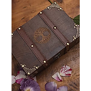Gbrand 8.3" Wood and Leather Chest Box with Velvet Lining, Yggdrasil Tree of Life Engraved Wooden Box, Pentacle Wiccan Supplies and Tools Storage Box, Home Decor Box (Tree of Life)