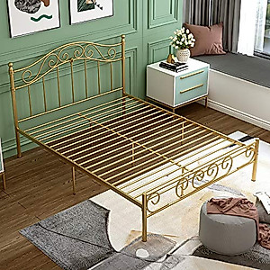 IOTXY King Metal Bed Frame - Gold 12 Inches Complete Bed Platform with Curved Tall Headboard and Shorted Footboard, King-Size Mattress Base Foundation, Garden Style