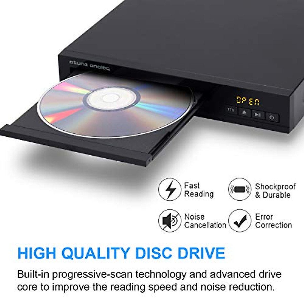 atune analog DVD Player HDMI CD Player with HD 1080p, All-Region Free, USB Input, Remote Control Multi-Angle Viewing AC/DC Adaptor Power Supply, Black