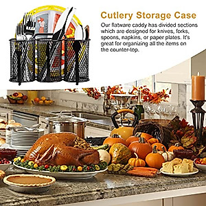 YHDSK Metal Utensil Holder, Storage Basket Organizer with 3 Compartments and Side Store Silverware Plates, Mesh Flatware Rack Black