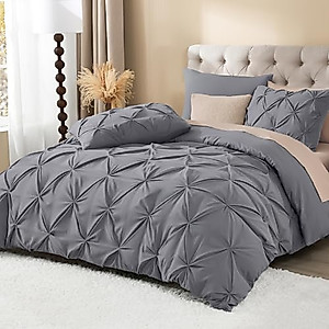 Litanika Queen Grey Pinch Pleat Duvet Cover, 3 Pieces Pintuck Cover Soft Microfiber Bedding Set with Zipper Closure & Corner Ties(104x90Inch-1 Duvet Cover, 2 Pillowcases)
