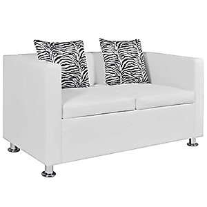 vidaXL Sofa, Love Seat Sofa Couch with 2 Pillows, Loveseat Sofa for Home Living Room Bedroom, Modern Style, Artificial Leather White