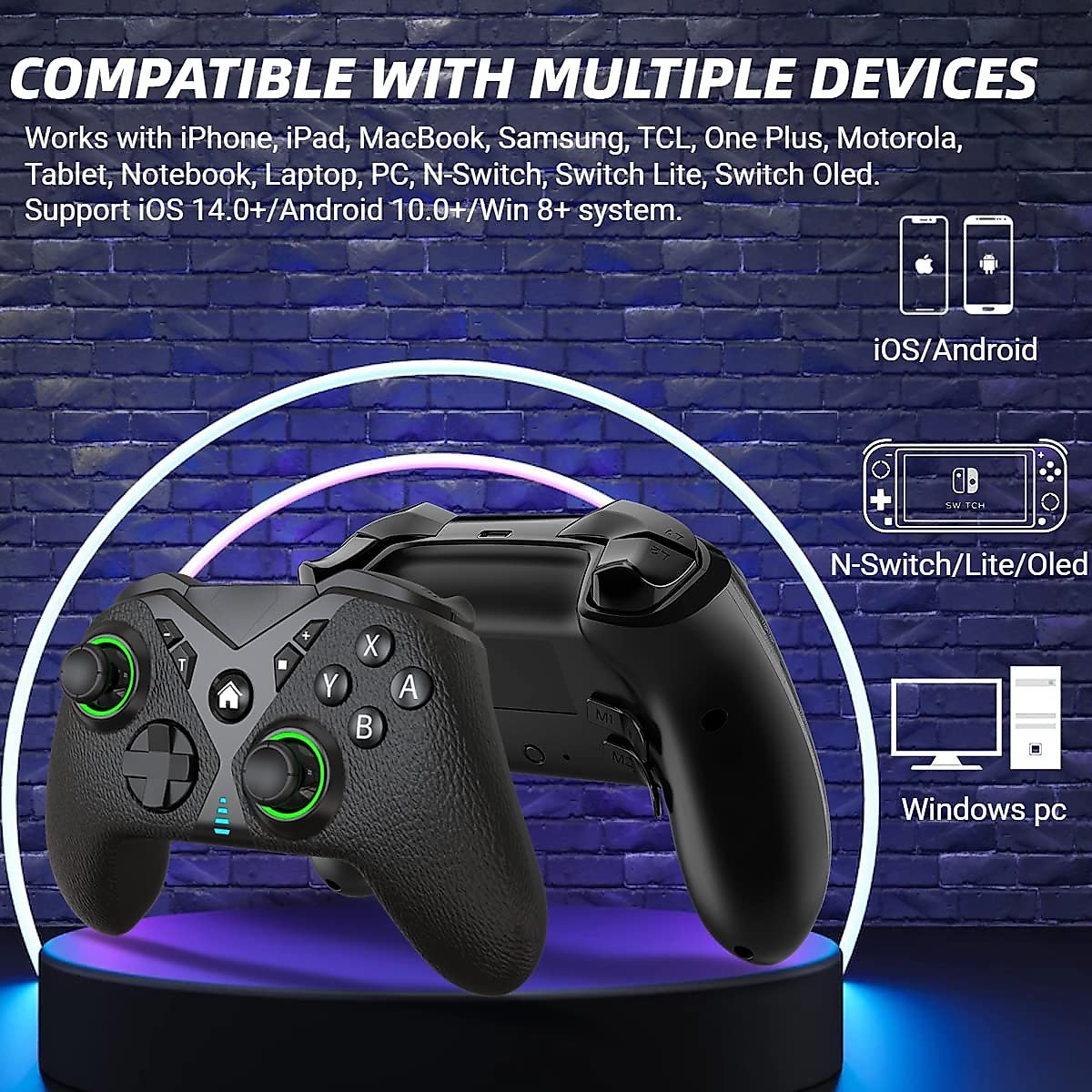 arVin Wireless Gaming Controller for iPhone/iOS/Android/PC/Steam/Switch Controllers Bluetooth Gamepad Joystick with 4 Back Button/Turbo/6-Axis Gyro/Dual Motors/RGB Light/Phone Holder/1200mAh Battery