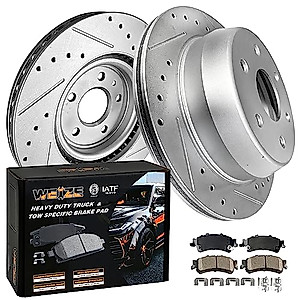 WEIZE Rear Truck & Tow Brake Rotors Kit, Carbon Fiber Ceramic Brake Pads and Drilled/Slotted Brake Discs, Fit for Chevy Silverado GMC 1999-2006