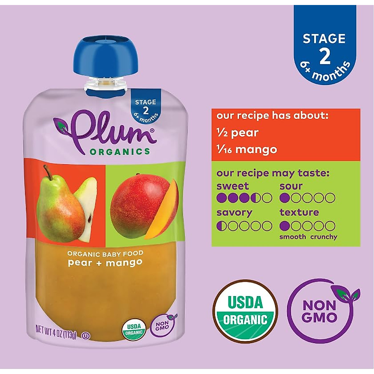 Plum Organics Stage 2 Organic Baby Food - Pear and Mango - 4 oz Pouch (Pack of 12) - Organic Fruit and Vegetable Baby Food Pouch