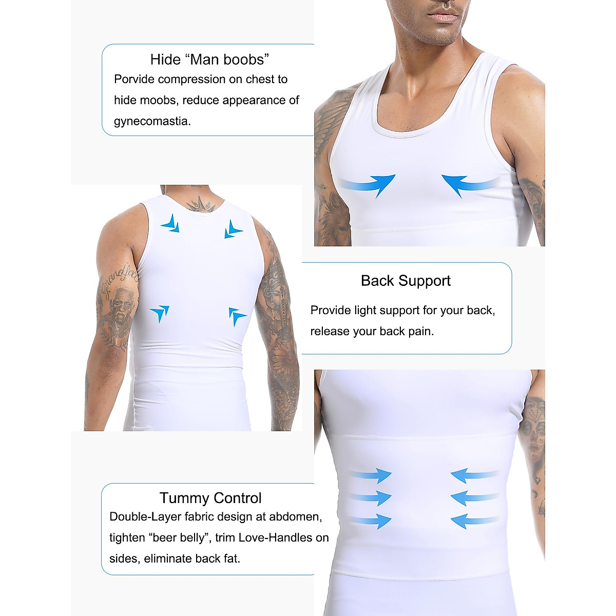 Mens Slimming Body Shaper Vest, Gynecomastia Compression Shirt Shapewear, Abs Abdomen Undershirts, Tummy Control Tank Top White