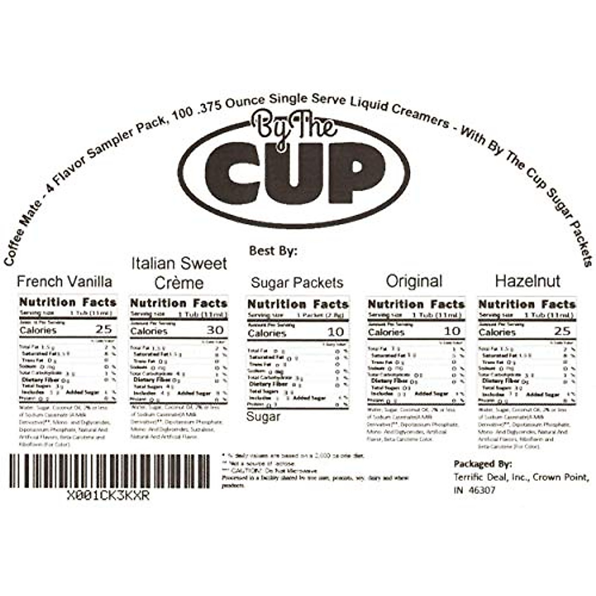 Coffee mate Liquid .375oz Variety Pack (4 Flavor) 100 Count includes Original, French Vanilla, Hazelnut, Italian Sweet Crème & By The Cup Sugar Packets