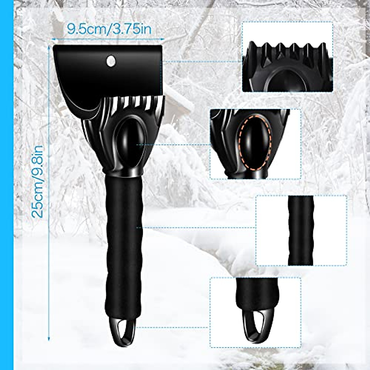 Hicarer Winter Ice Scrapers 2 Pack Plow Like Snow Scraper for Car Plastic Window Scraper Non Slip Windshield Scraper Frost Removal Tool with Foam Handle for Cars Small Trucks Window (Black, Blue)