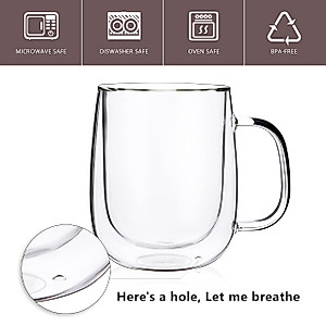 CNGLASS Large Double Wall Glass Coffee Mug 15.2oz,Clear Insulated Glass Espresso Cup with Big Handle,set of 2