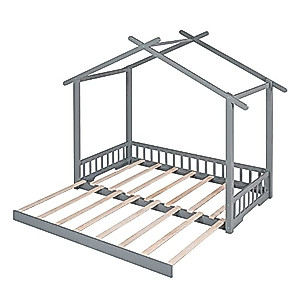 MERITLINE Twin Size House Bed with Extendable Bed, Wooden Kids Bed Frame with Twin to King Design, Platform Bed with Roof & Slat Support, No Box Spring Needed (Grey)