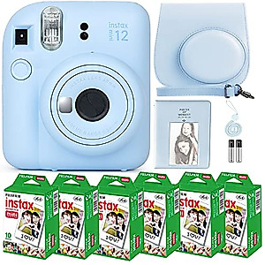 Fujifilm Instax Mini 12 Camera with Fujifilm Instant Mini Film (60 Sheets) Bundle with Deals Number One Accessories Including Carrying Case, Photo Album, Stickers (Pastel Blue)
