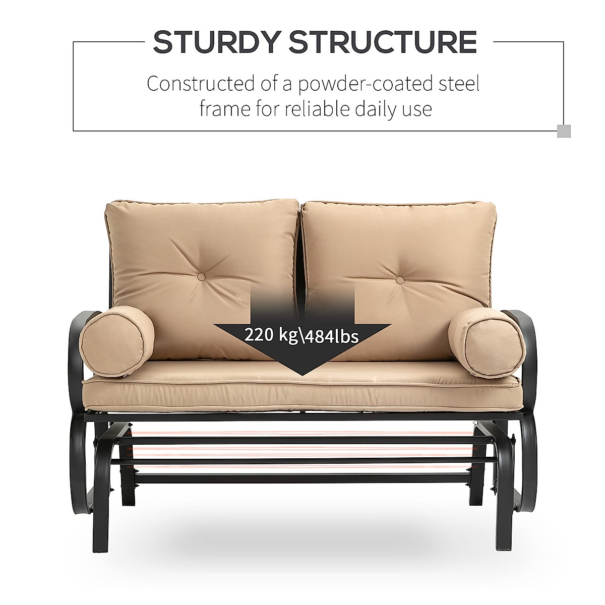 Outsunny Swing Glider Rocking Chair, Double Patio Bench, 2 Person Loveseat with Steel Frame, Cushions, Pillow Armrests, Khaki