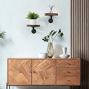 Round Circular Shelves Floating Acacia Wood (Set of 2) Diameter 7.1 inches. Wall Mounted Planter Shelves with Pipe Brackets. Chic Modern Rustic Industrial Pipe Décor for Display, Trophy, Ornaments
