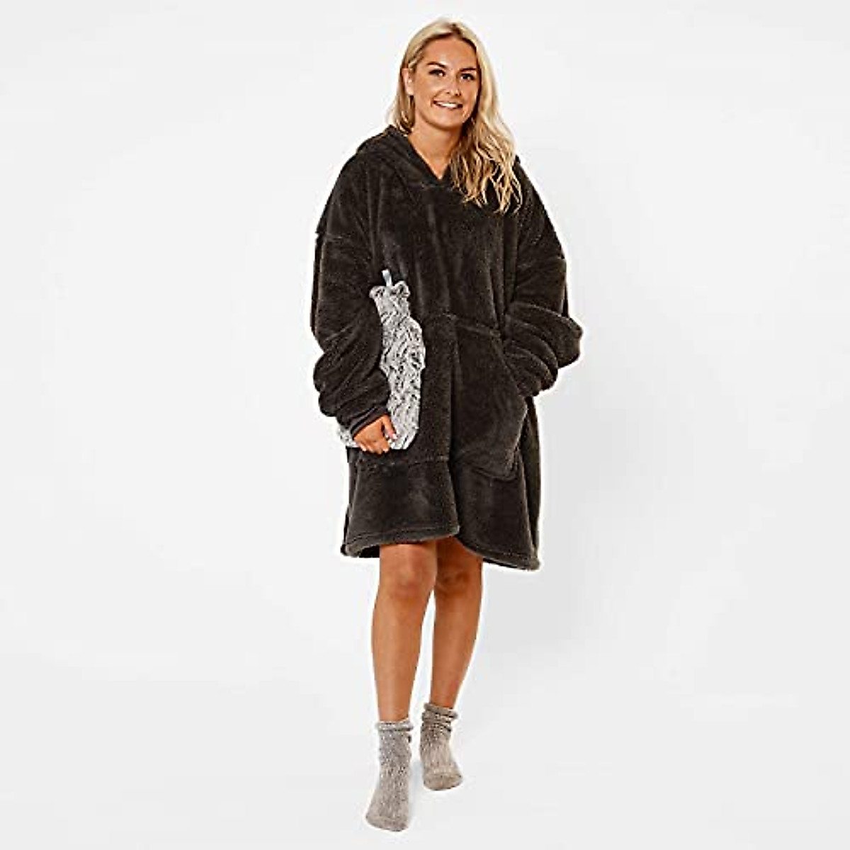 Brentfords Teddy Fleece Hoodie Blanket Wearable Soft Warm Cosy Giant Oversized Thermal Sweatshirt Throw Blanket Hoodie for Adults Men Women Boys Girls, One Size Fits All - Charcoal Grey