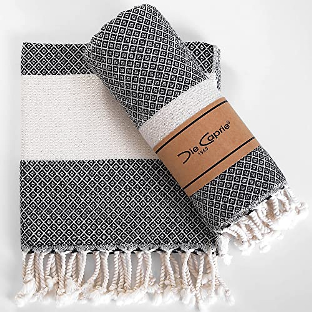 Die Caprie Turkish Hand Towels Set of 2 | 100% Cotton, 16 x 40 Inches | Decorative Bathroom Towel for Hand, Face, Gym, Yoga, Dishcloth, Kitchen and Bath(2 Hand Towels, Black)