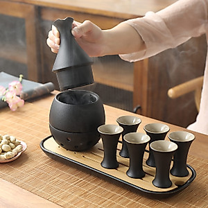 TEANAGOO Ceramic Sake Set with Warmer Pot Bamboo Tray, 10pcs/Set. T2 Regular Kraf Box Safe Packing, Sake Carafe(6 Oz) with 6 Sake Cups (0.9 Oz) for Hot or Cold Japanese Soju…