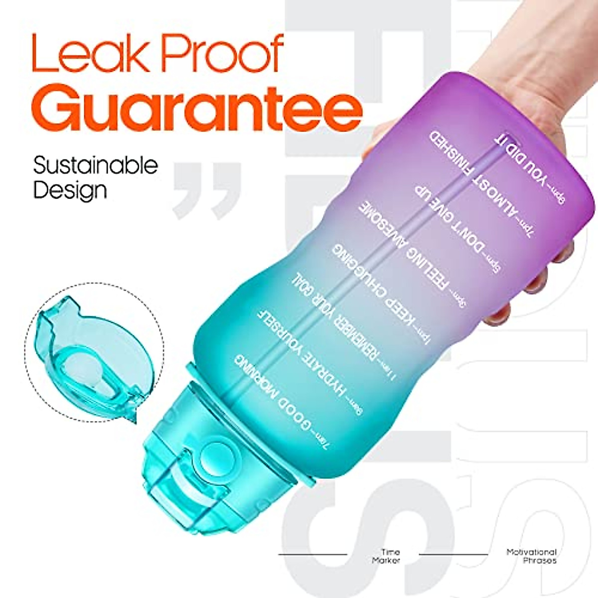 Fidus Large 1 Gallon Motivational Water Bottle with Paracord Handle & Removable Straw - BPA Free Leakproof Jug with Time Marker to Ensure You Drink Enough Water Throughout the Day-Green/Purple