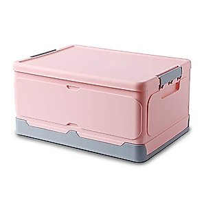 Durable Plastic Folding Storage Box Organizer with Lids, Folding Plastic Stackable, Containers for Home & Garage Organization (Pink)