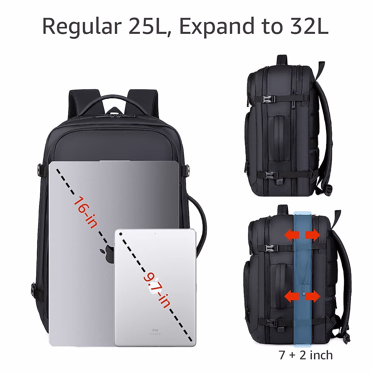 32L Travel Laptop Backpack 16 Inch Carry On Suitcase Backpack Flight Approved, Water Resistant Large Expandable Luggage Backpack for Men Women with USB Charging Port, Black