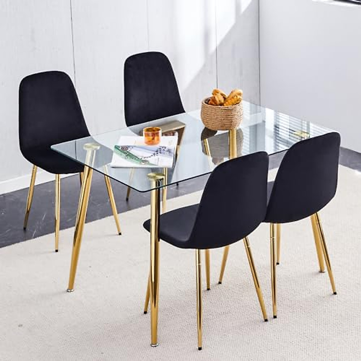 Mid Century Modern Dining Chairs Set of 4, Kitchen & Dining Room Chairs with Soft Velvet Fabric Cover Cushion Seat and Golden Metal Legs, Dining Chair for Living Rooms and Farmhouses,Black 1,Set Of 4