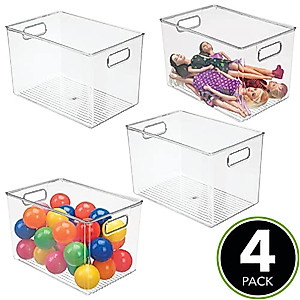 mDesign Deep Plastic Home Storage Organizer Bin with Built-in Handles for Cube Furniture Shelving in Office, Closet, Cabinet, Bedroom, Bathroom, Nursery, Dorm - Ligne Collection - 4 Pack - Clear