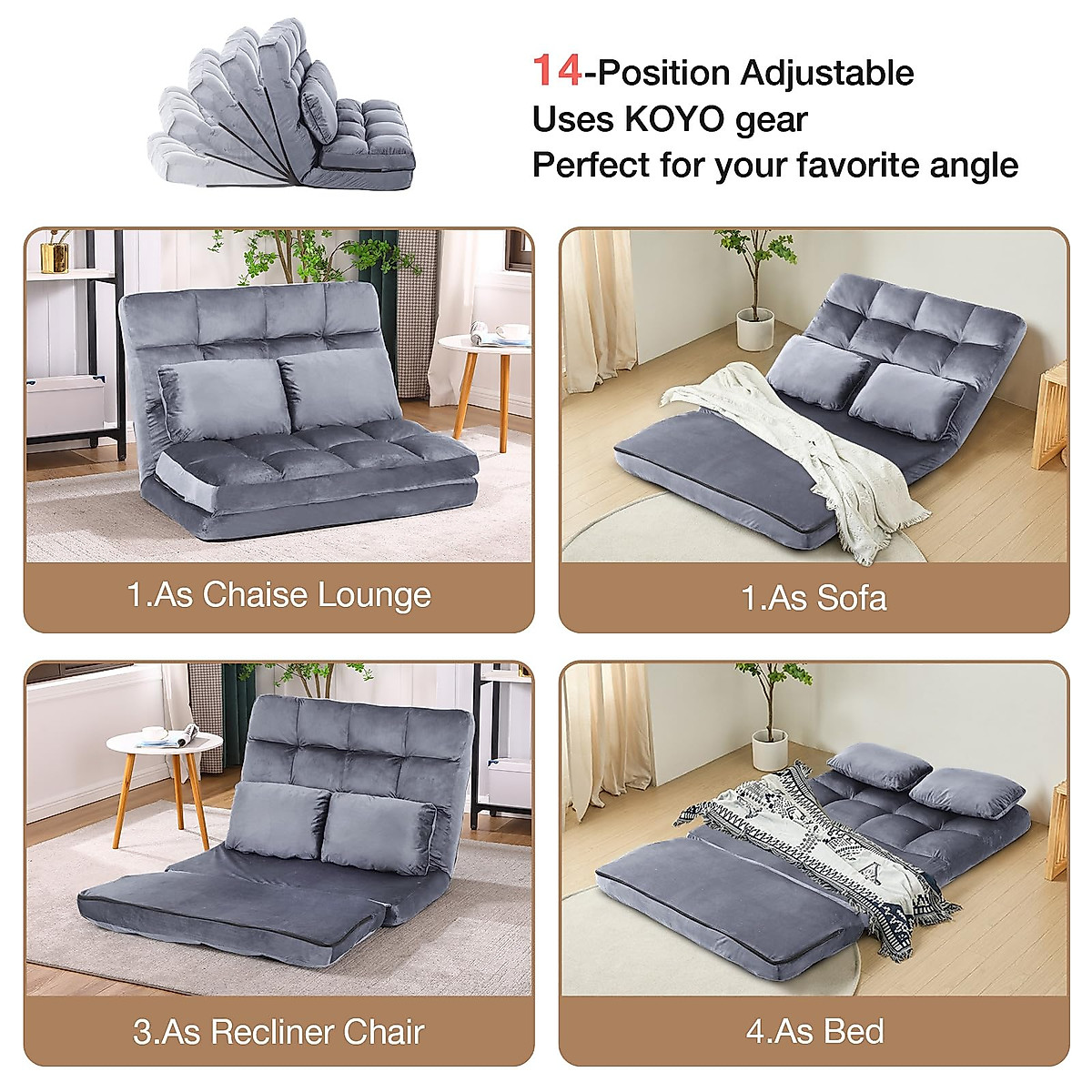 Urnodel Adjustable Floor Sofa Couch with 2 Pillows Foldable Lazy Sofa Sleeper Bed Multi-Functional Floor Loveseat for Reading Gaming 8823S2 (Grey)