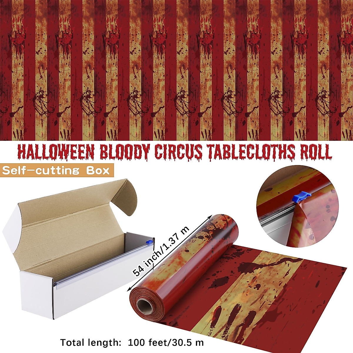 HOBBY HORSE 100 Ft x 54 Inch Creepy Carnival Tablecloth Roll with Cutter Box Terrible Halloween Bloody Circus Tent Backdrop Cut to Size Table Cover for Clown Room Wall Decorations for Halloween Circus