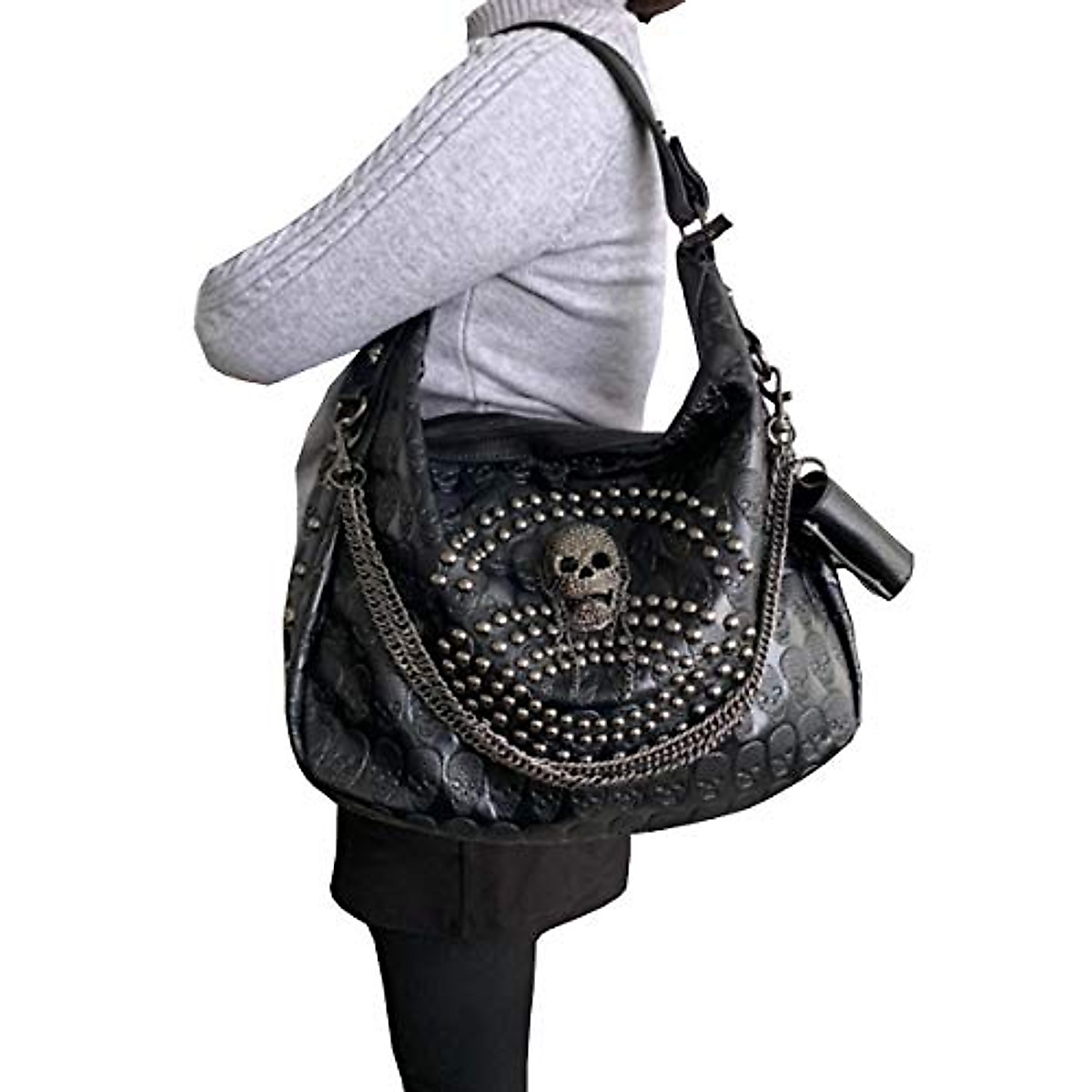 FiveloveTwo Women Skull Chain Handbag Large Capacity Gothic Shoulder Bag Studded Doctor Rivet Tote Satchel