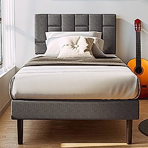 LIKIMIO Twin Bed Frame with Headboard, Modern Upholstered Platform Bed with Headboard and Wood Slat Support, Noise-Free, No Box Spring Required, Easy Assembly, Grey