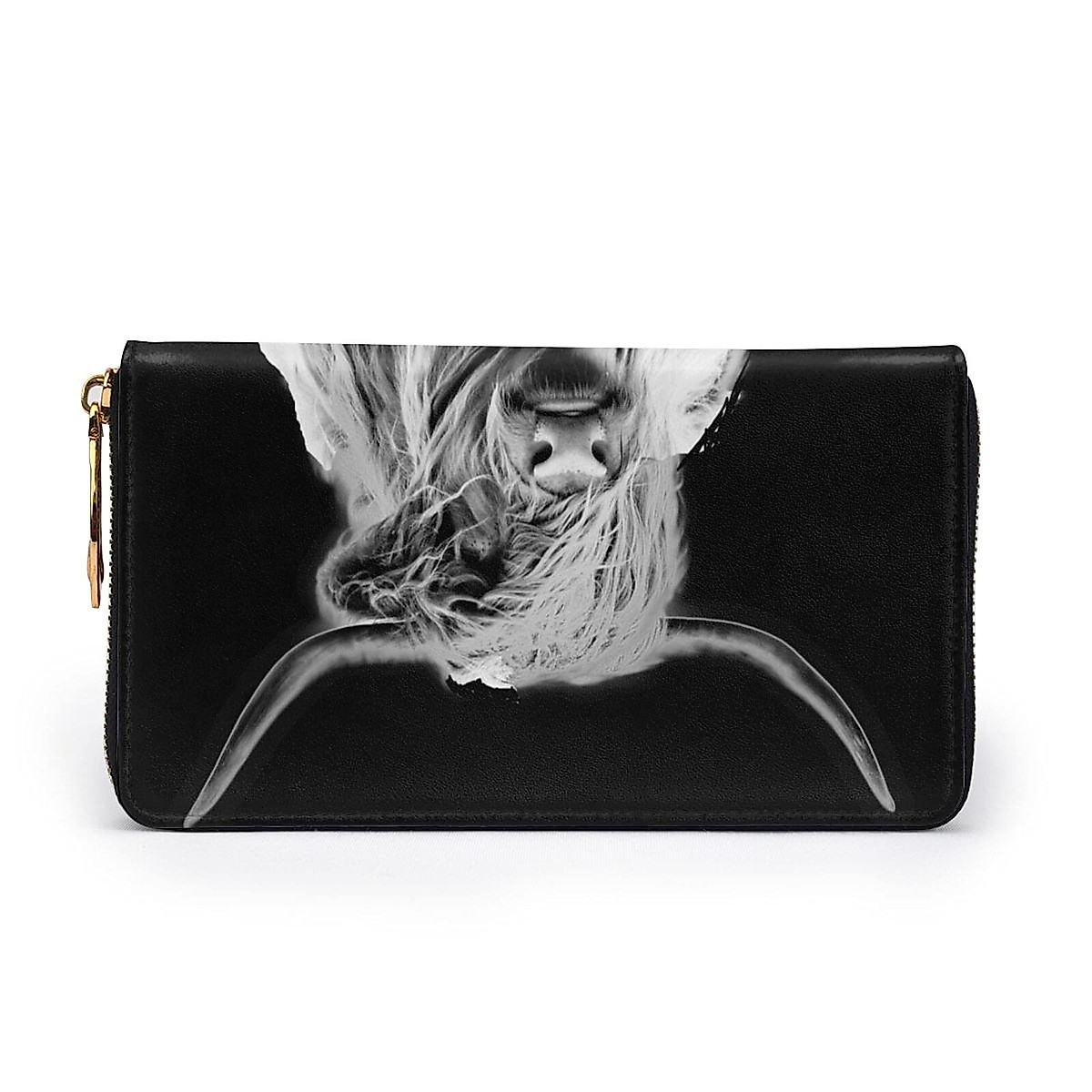 TGUBJGV Women's Clutch Black And White Highland Cow Zip Leather Wallet With Credit Card Holder Long Coin Purse