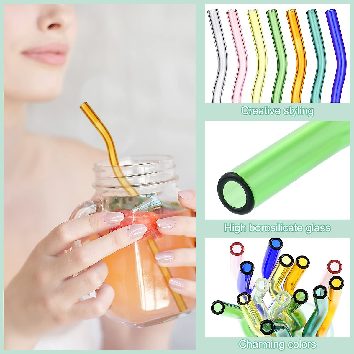 14 Pieces 8 x 200 mm Wavy High Borosilicate Transparent Glass Straws Cute Colored Glass Straws Fun Clear Hard Reusable Straws for Beverages, Coffee, Milk, Tea Straws Kids (Bright Colors)