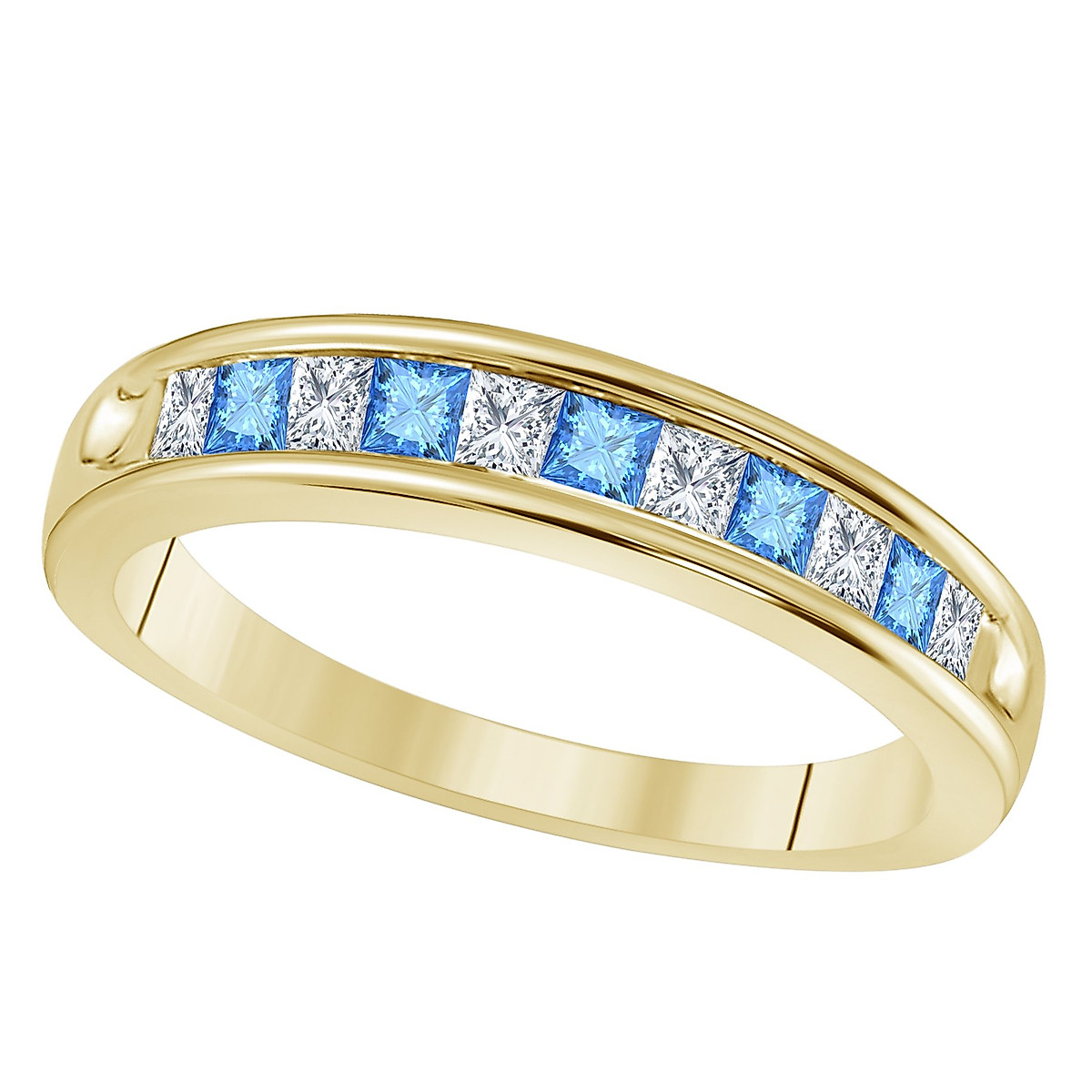 DS Jewels Unisex Wedding Band 14K Gold Plated in Alloy 0.50tcw Princess Cut Created Blue Topaz & Cubic Zirconia Channel-Set Engagement Ring Size 4 to 11