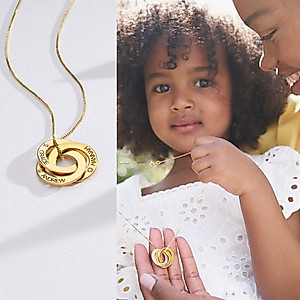 MYKA - Russian Ring Engraved Name Necklace with Diamonds Personalized 3 Circles Discs Inscription Customization Mother's Day Jewelry Gift… (18k Gold Plating)