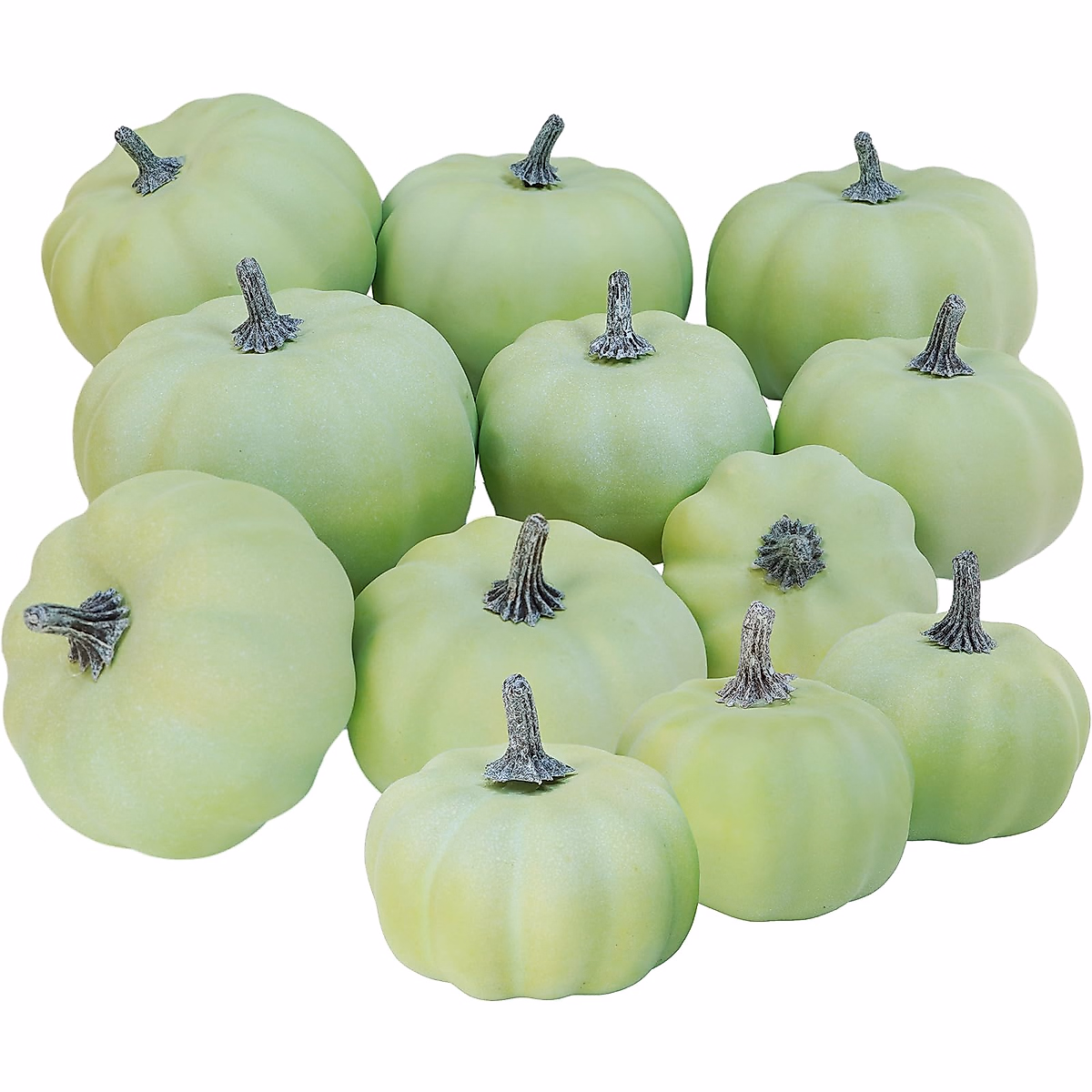 BESTTOYHOME 12 Pcs Assorted Small Artificial Pumpkins Light Green Faux Pumpkins Rustic Harvest Decorative Pumpkins Foam Pumpkins for Fall Wedding Halloween Thanksgiving Table Centerpiece Mantel Décor