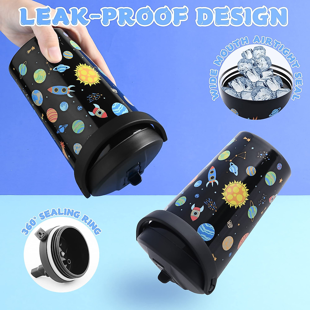 Opreine Tumbler with Lid and Straw for Kids, 14oz Insulated Water Bottle with Straw, Stainless Steel Thermos Water Bottle for Boys Girls, Leak Proof Kids Cup for School Sports, Black Planet