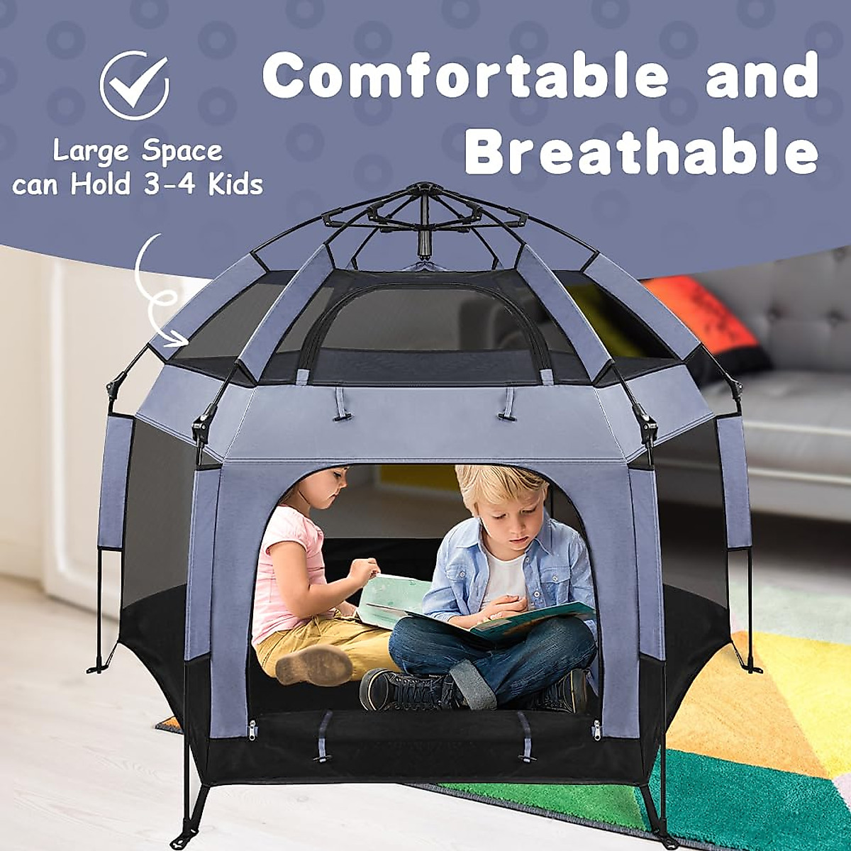 UJUJIA Baby Play Yard Outdoor Baby Playpen with Canopy Beach Tent for Kids and Toddlers Portable Lightweight Pop Up Pack and Play Playards with Travel Bag,61"*61"*49.2" Grey