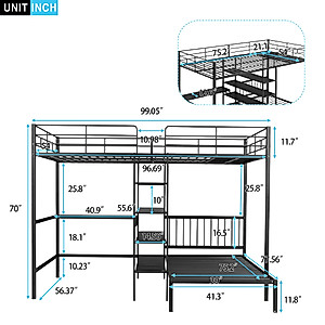 Merax Full Over Twin Metal Bunk Bed, L Shaped Loft Bed Frame with Built-in Desk, Shelves, and Ladder, Black