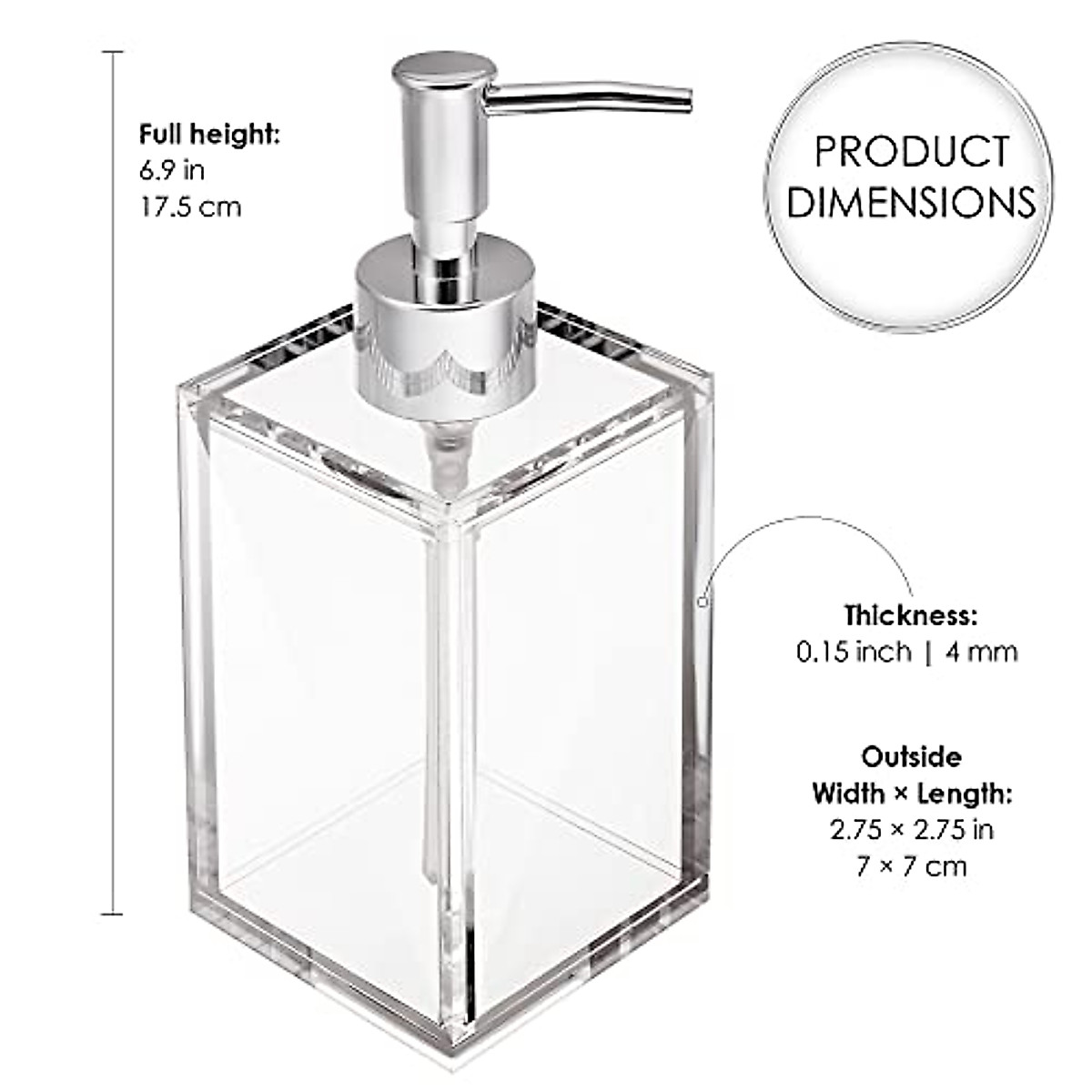 Clear Acrylic Refillable Soap Dispenser with Rust Proof Stainless Steel Pump, Modern Square Liquid Hand Soap Dispenser for Bathroom Vanity, Sturdy Dish Soap Dispenser for Kitchen Sink | 12 oz, 1 Pack