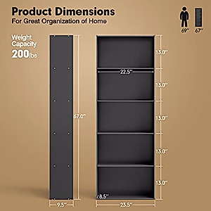 Tangkula 5-Shelf Bookcase, 23.5''L x 9.5''W x 67''H, Multi-Functional Wood Storage Display Open Bookshelf for Home Office (Black)
