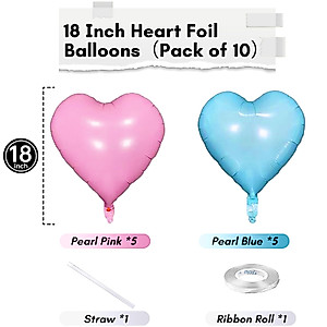 Pink Blue Heart Balloons, 18 Inch Pastel Blue Pink Foil Heart Balloons Pearl Pink Blue Heart Shape Mylar Balloons Baby Blue and Pink Party Balloons for Baby Shower Gender Reveal Birthday
