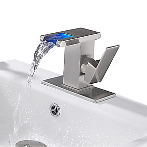 LOOPAN Led Waterfall Bathroom Faucet One Hole Single Handle,3 Colors Changing Waterfall Spout Brushed Nickel Faucet for Bathroom Sink Mount Vanity Faucet Lead-Free for Commercial Residentia