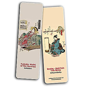 Creanoso Japanese Ladies Bookmarks (60-Pack) Oiran Geisha Kimono Woodblock Print – Inspirational Japanese Art Impressions Bookmarker Cards – Premium Gift Collection for Men & Women, Teens – Page Clip