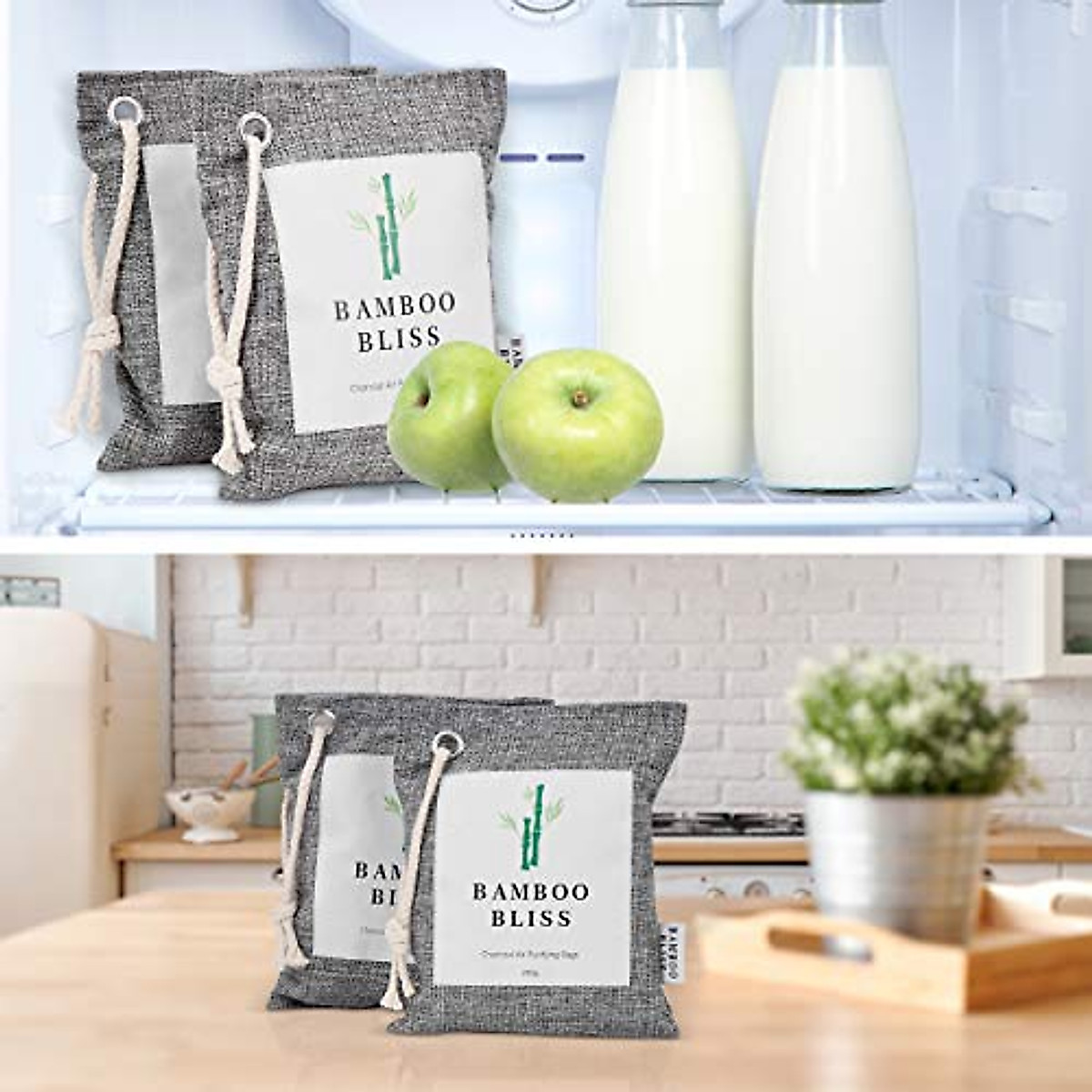 Bamboo Charcoal Air Purifying Bag (4x200g), Natural Charcoal Bags Odor Absorber and Cleaning Supply for Car, Office, Closet, Home, Kitchen, Rooms, Pets.