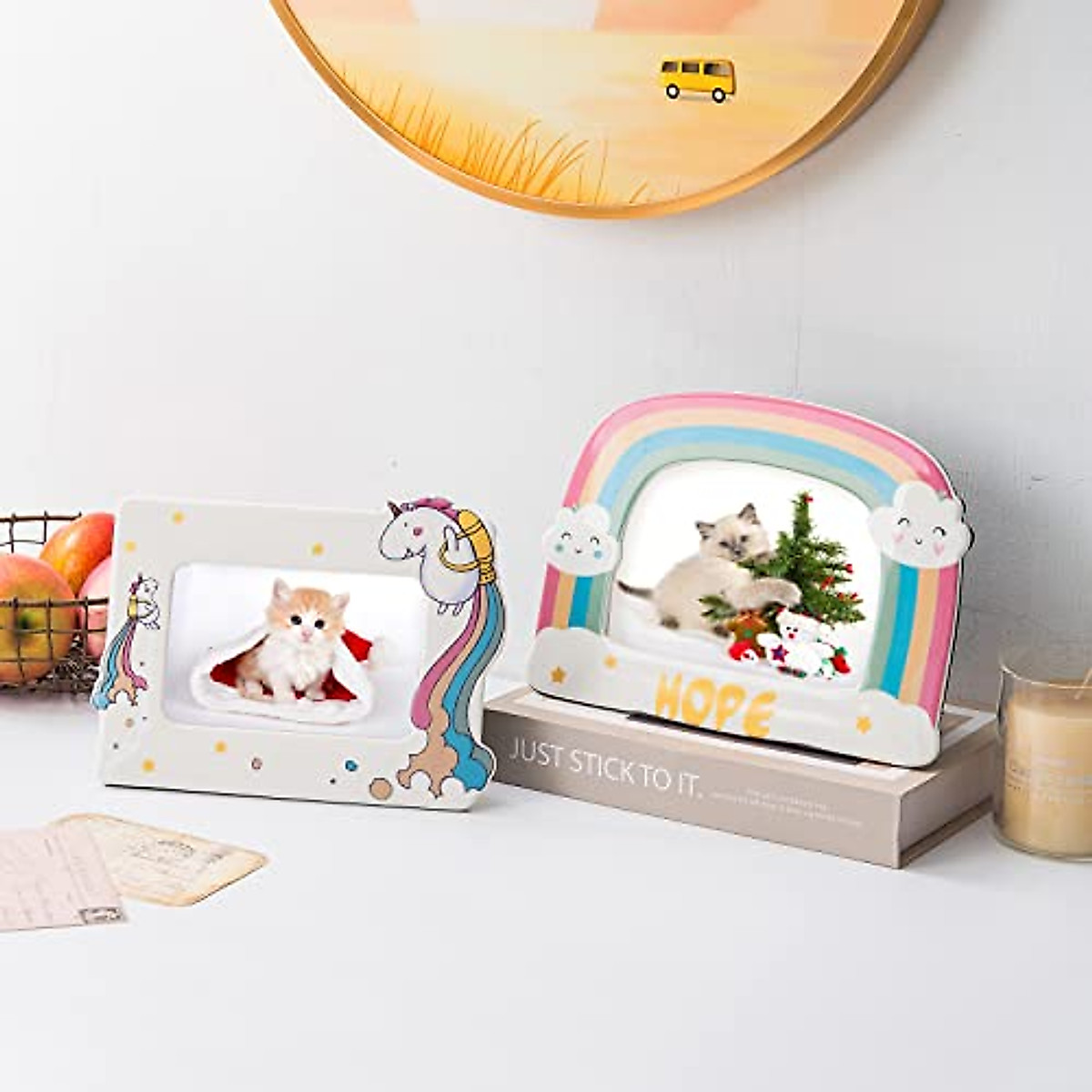 Ceramic Picture Frame Rainbow Decorative with High Definition Really Plexiglass Sheet for Table Top Desk Photo Display or Hanging White Color Memento (4x6/5x7)