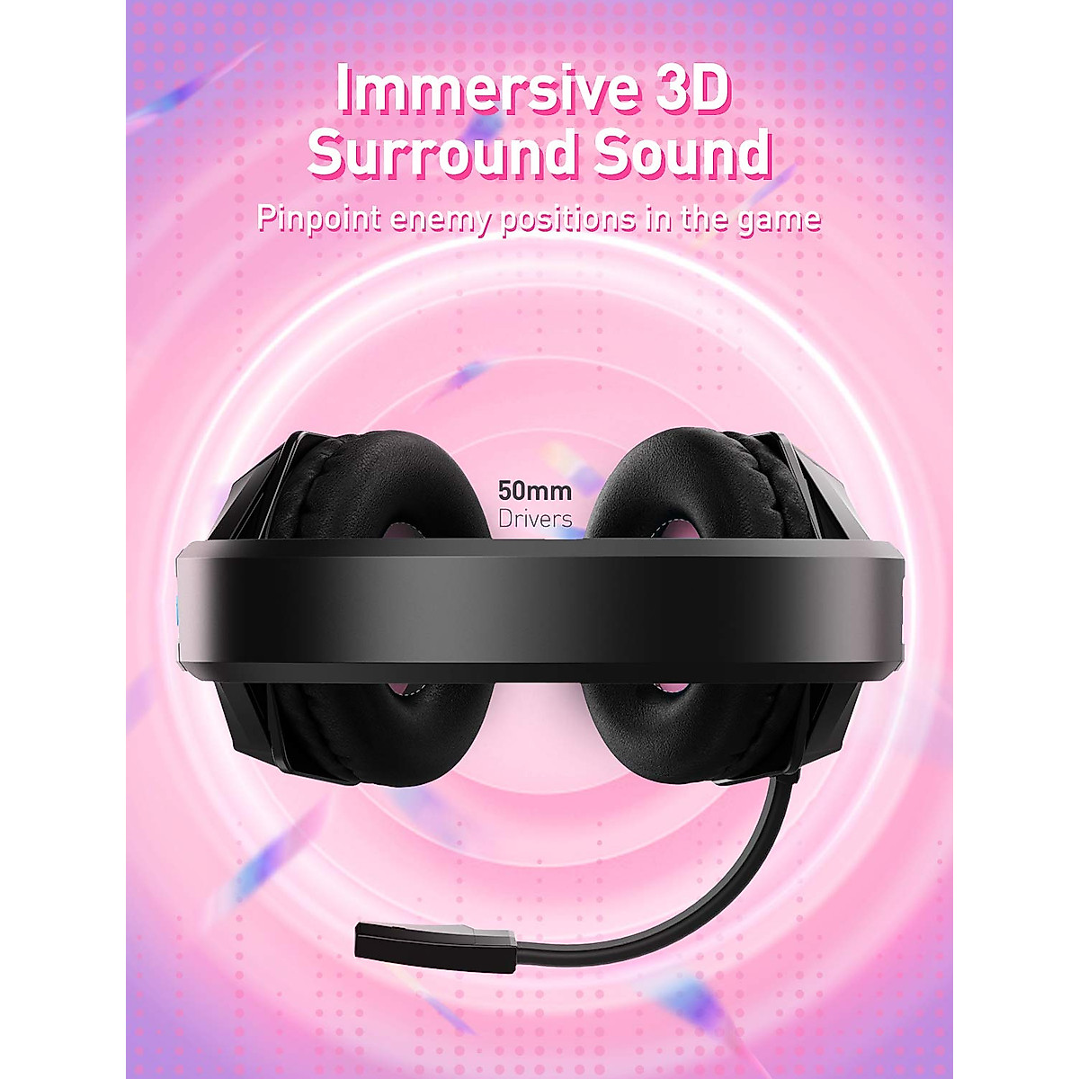 MW ACC CA Gaming Headset Pink for PS4, PS5, PC, Xbox One, Over Ear Headphones with Noise Cancelling Mic, PC Headset with Bass Surround Sound, LED Light, for Laptop Mac Switch, Girls, Kids